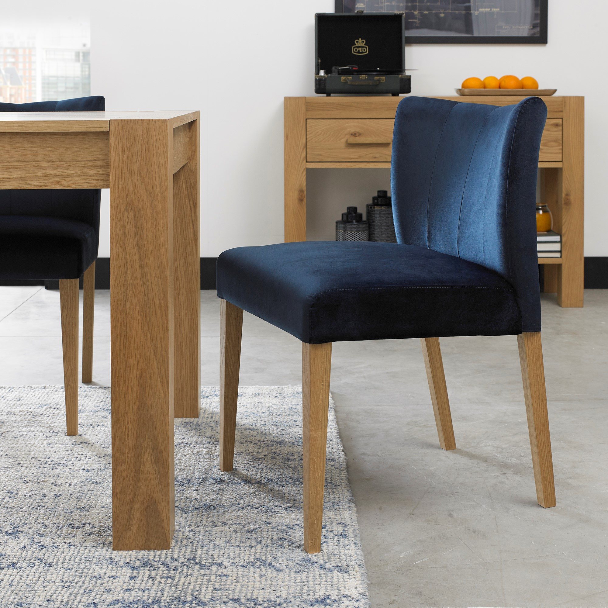 Blake Light Oak Low Back Upholstered Chair | Dark Blue Velvet - Home ...